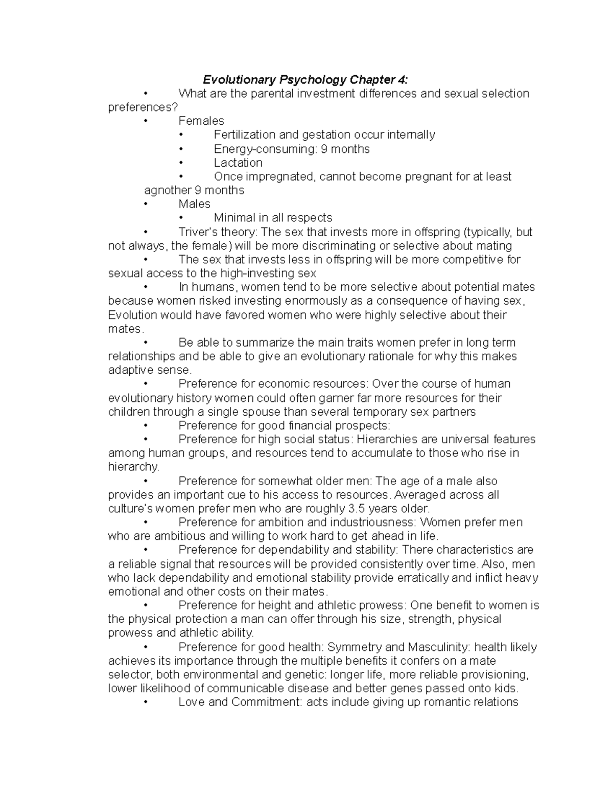 Evolutionary Psychology Chapter 4 - Be able to summarize the main ...