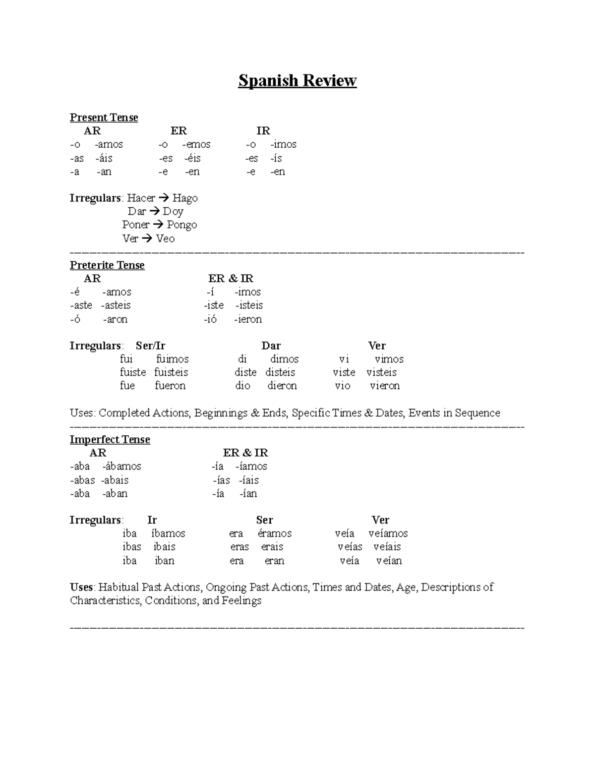 Spanish Review - Book Notes - Spanish Review Present Tense AR ER IR -o ...