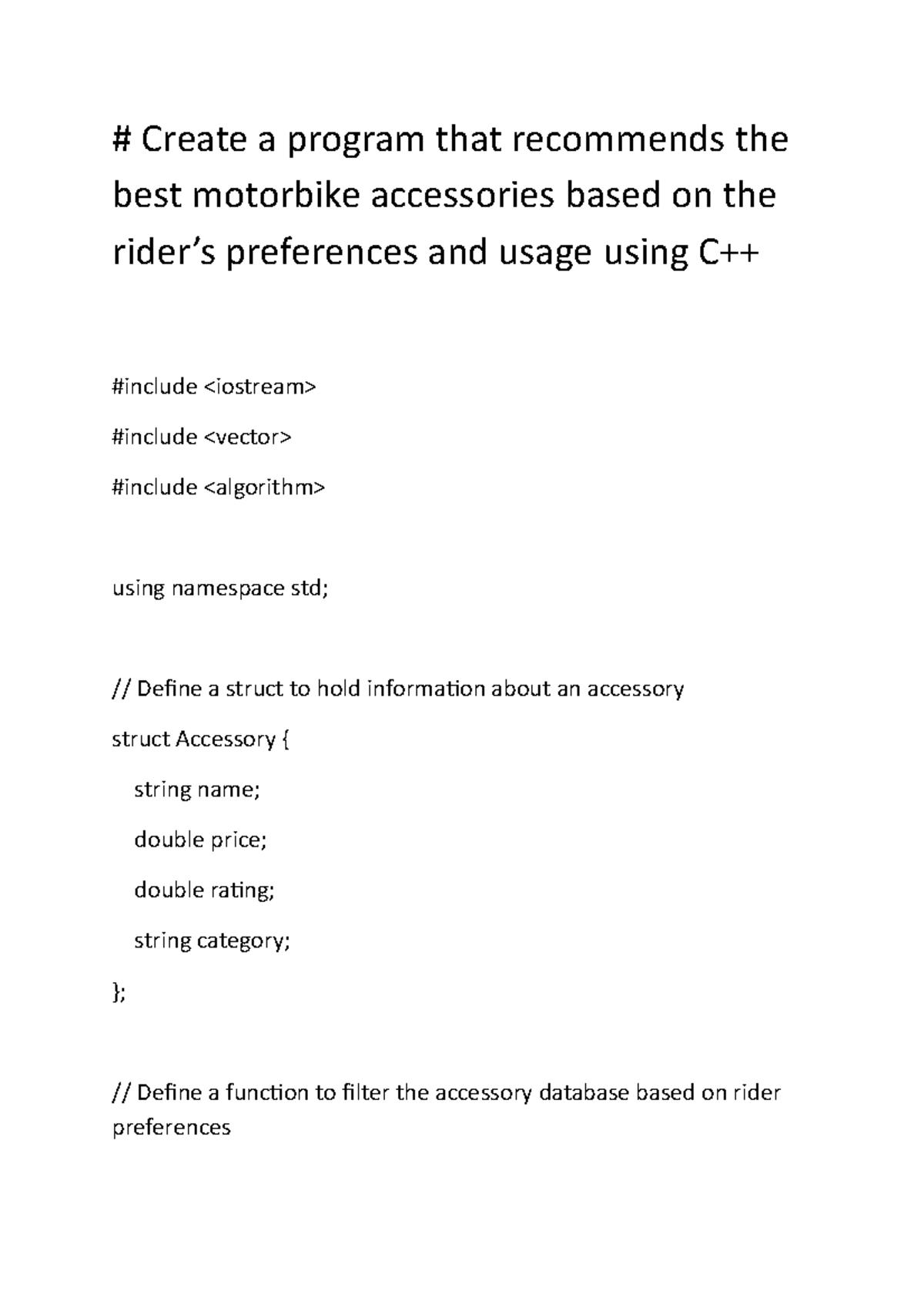 Create A Program That Recommends The Best Motorbike Accessories Based