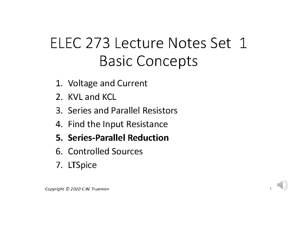 1 5 Series Parallel Reduction - 1. Voltage and Current 2. KVL and KCL 3 ...