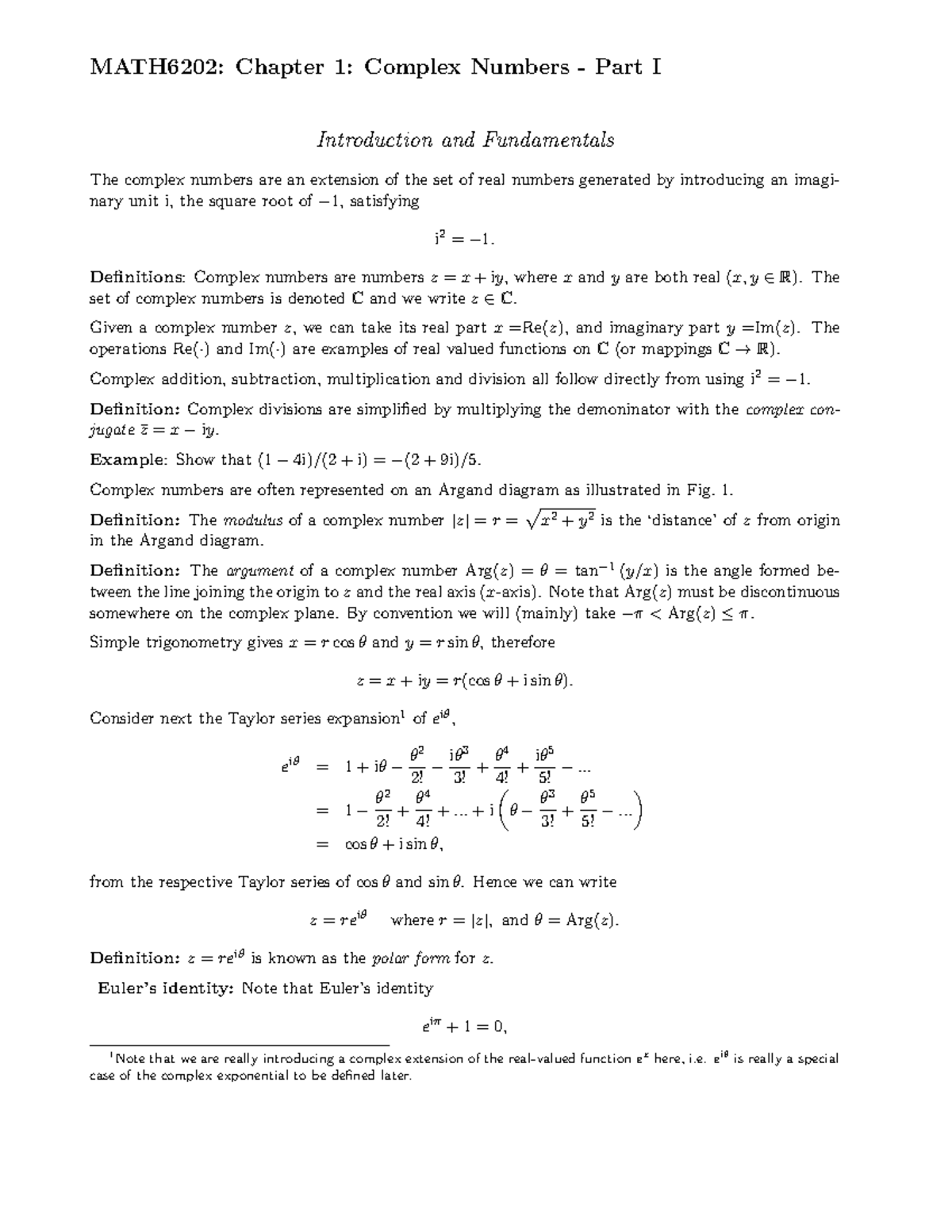 Chapter 1a Complex Analysis MATH6202 Chapter 1 Complex Numbers