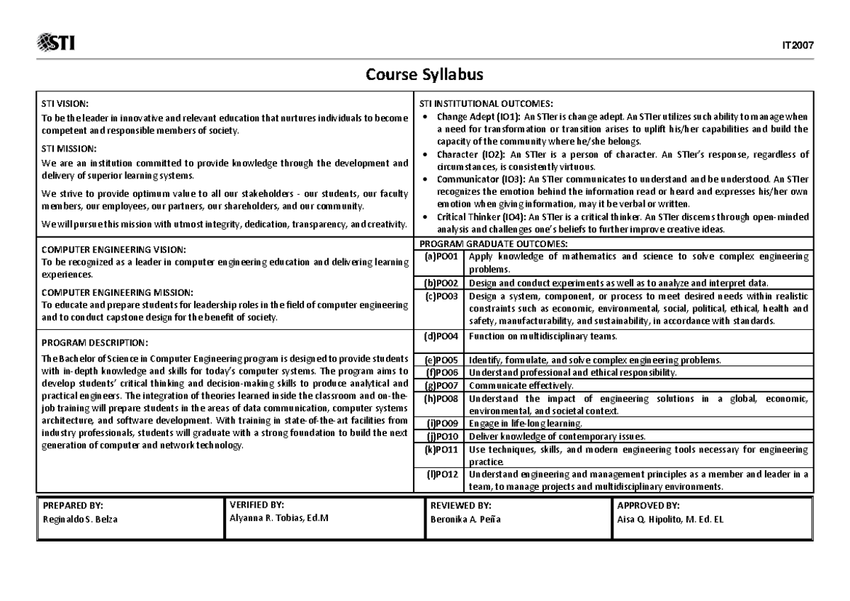 IT2007 Syllabus and Course Outline(3) 2 - PREPARED BY: VERIFIED BY ...