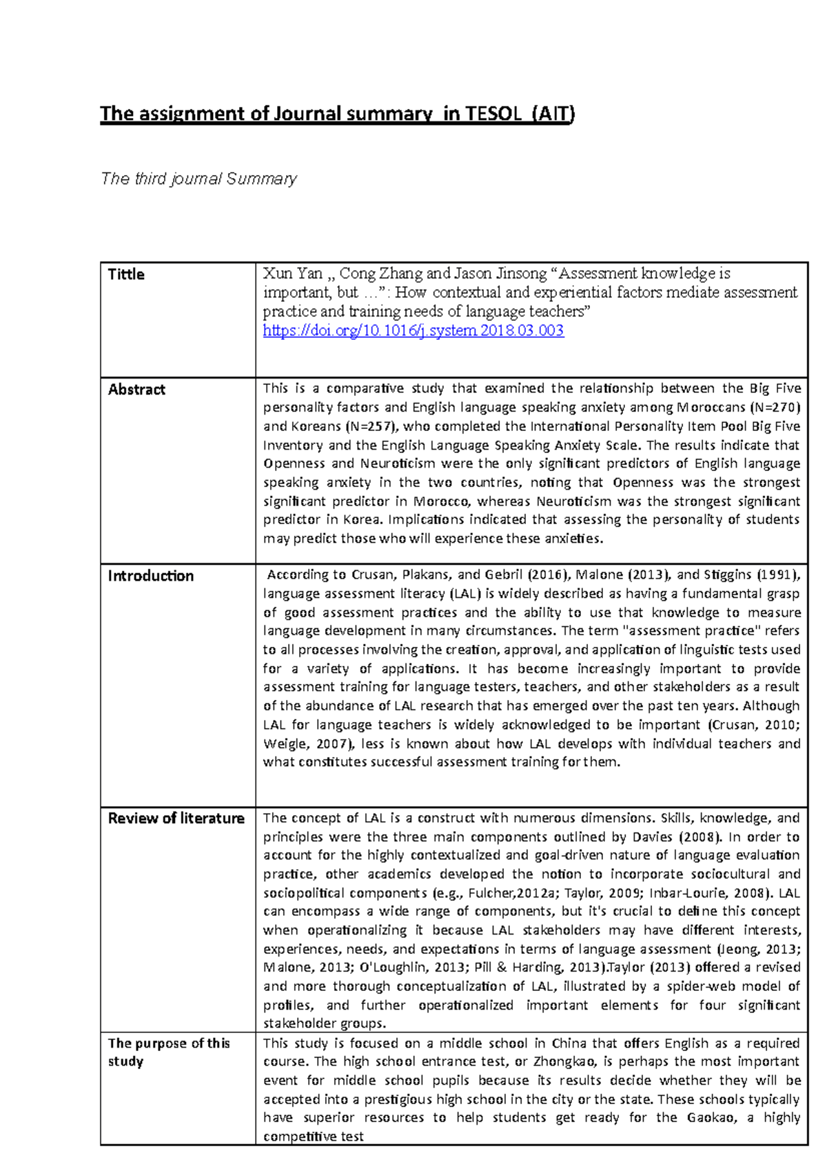 The Assignment Summaries 2 The Assignment Of Journal Summary In Tesol Ait The Third Journal