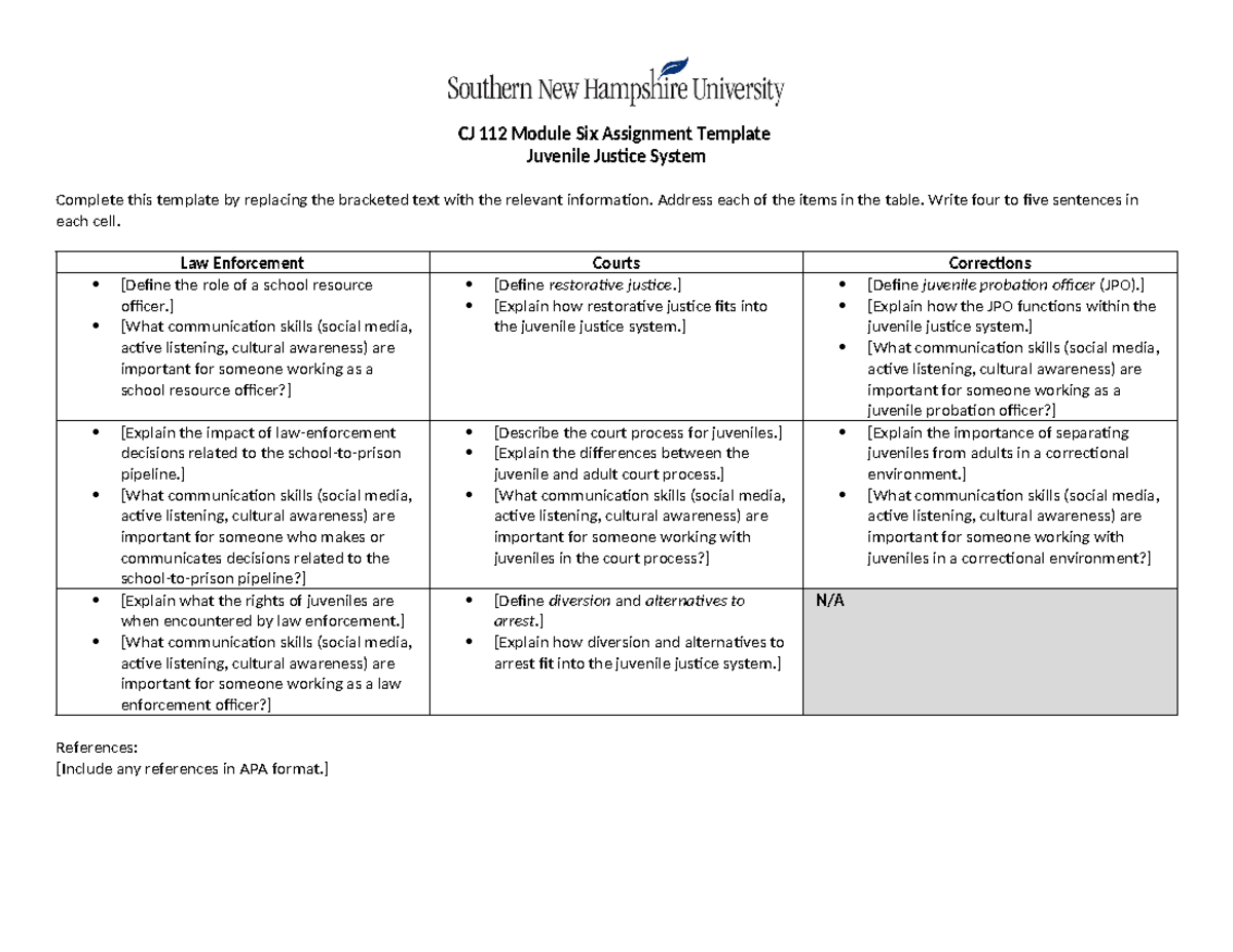 CJ 112 Juvenile Justice Template - CJ 112 Module Six Assignment ...