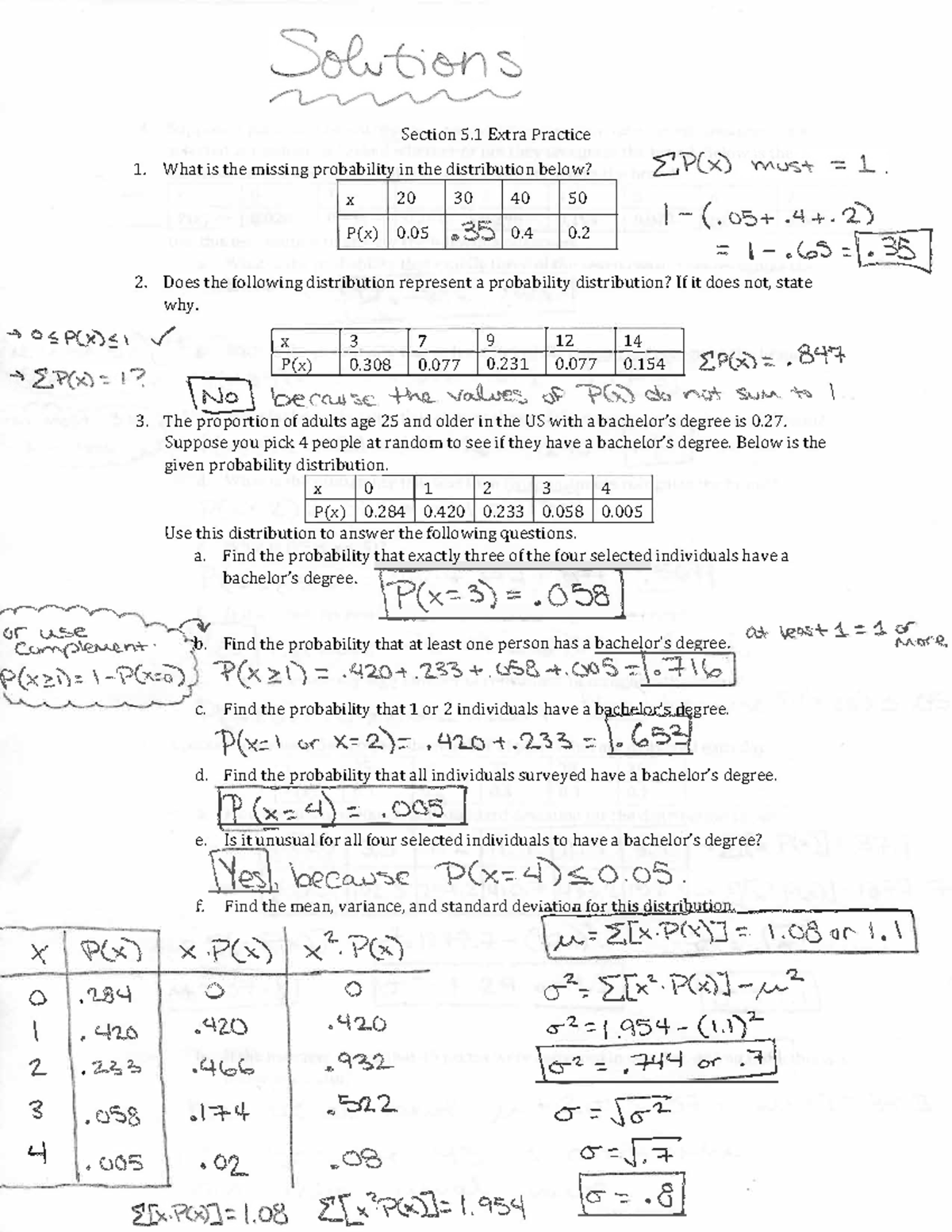 Solutions - Discrete Probability Distributions (5.1) Practice - Section ...