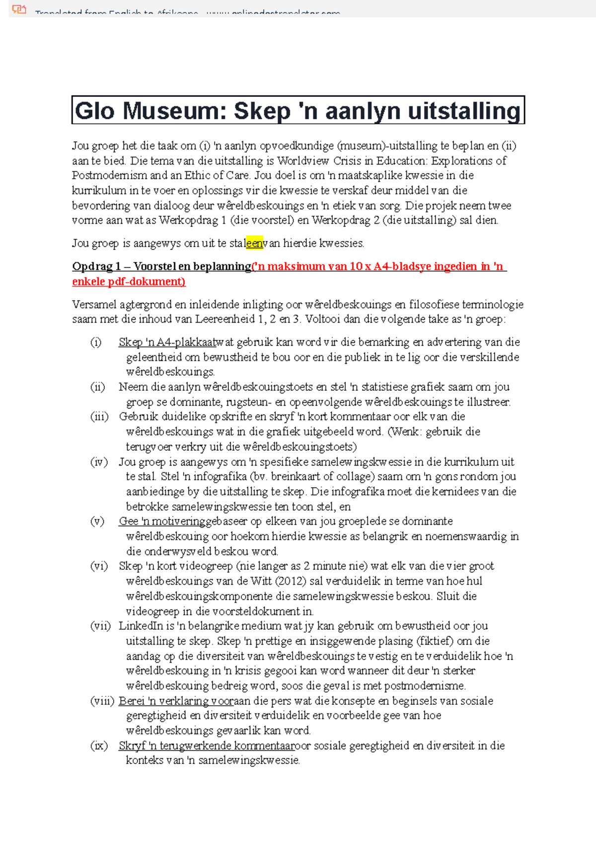 UTEW 221 - Project assignment - Believe Museum 1 - Glo Museum: Skep 'n ...