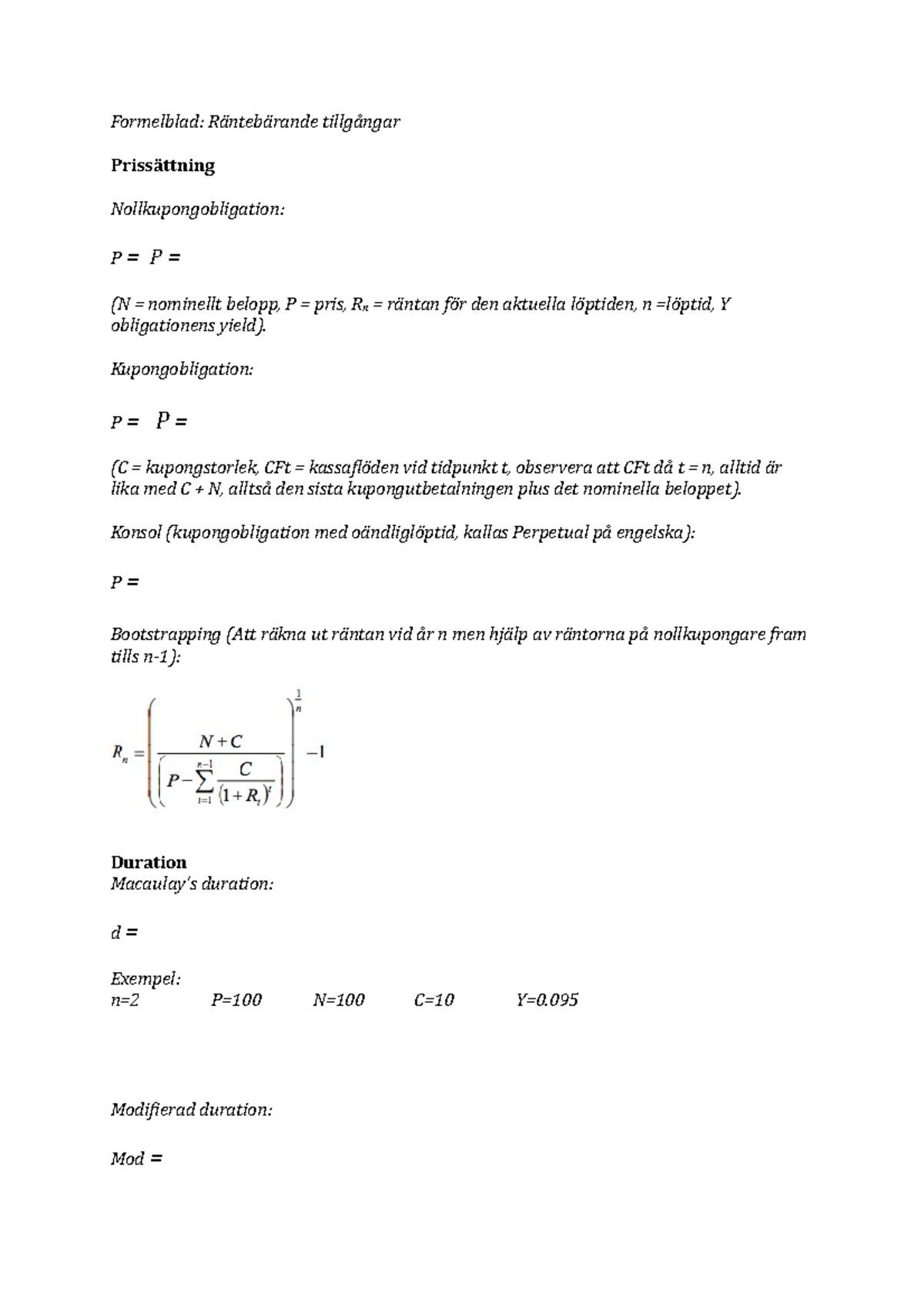 Formelblad räntebärande tillgångar - Formelblad: Räntebärande ...