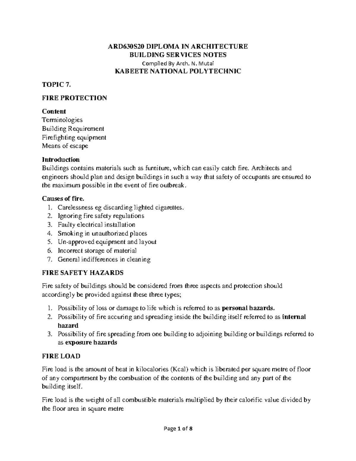 Building Services Notes BY ARCH Mutai 4 - ARD630S20 DIPLOMA IN ...