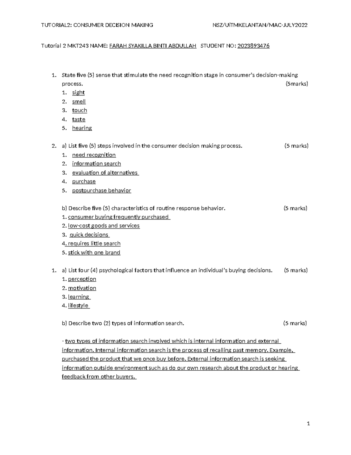 mkt chapter two tutorial - Tutorial 2 MKT243 NAME: FARAH SYAKILLA BINTI ...