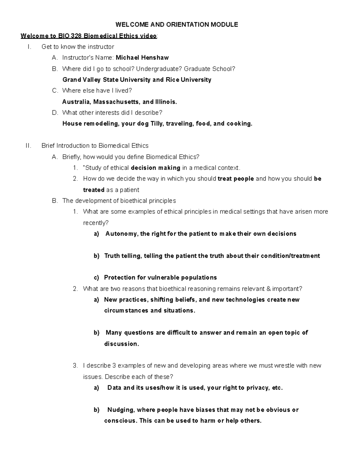 Bioethics week 1 notes - SWS Biomedical Ethics - BMS 328 w Professor ...