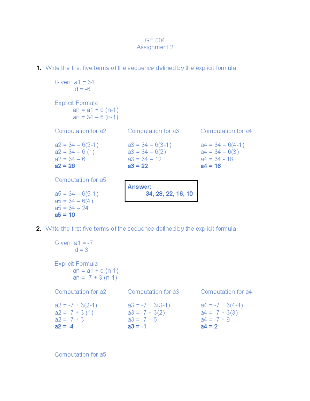 Math Sequence 2 - MMW - GE 004 Assignment 2 Write the first five terms ...
