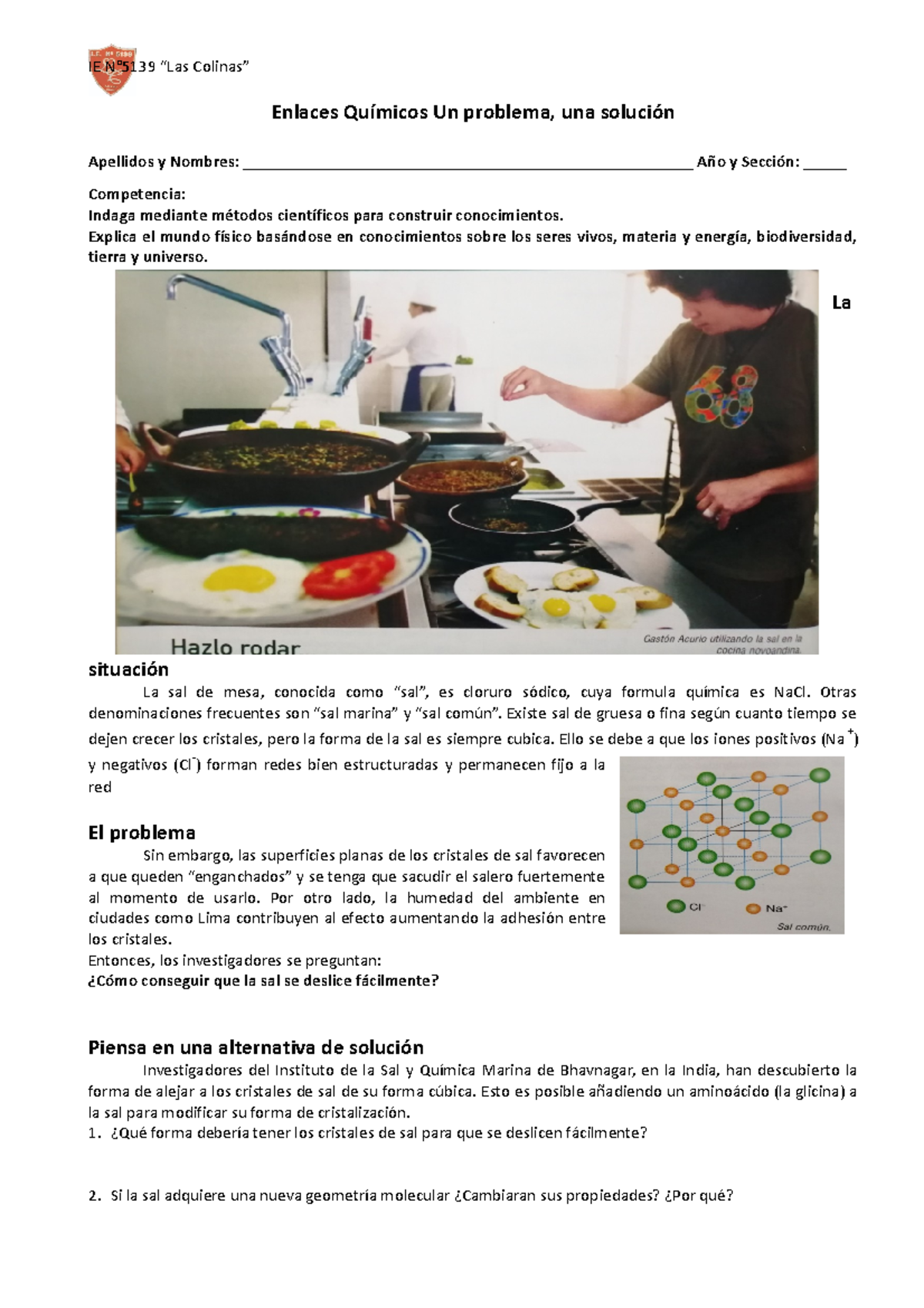 Enlaces Químicos un problema una solución - IE N°5139 “Las Colinas ...