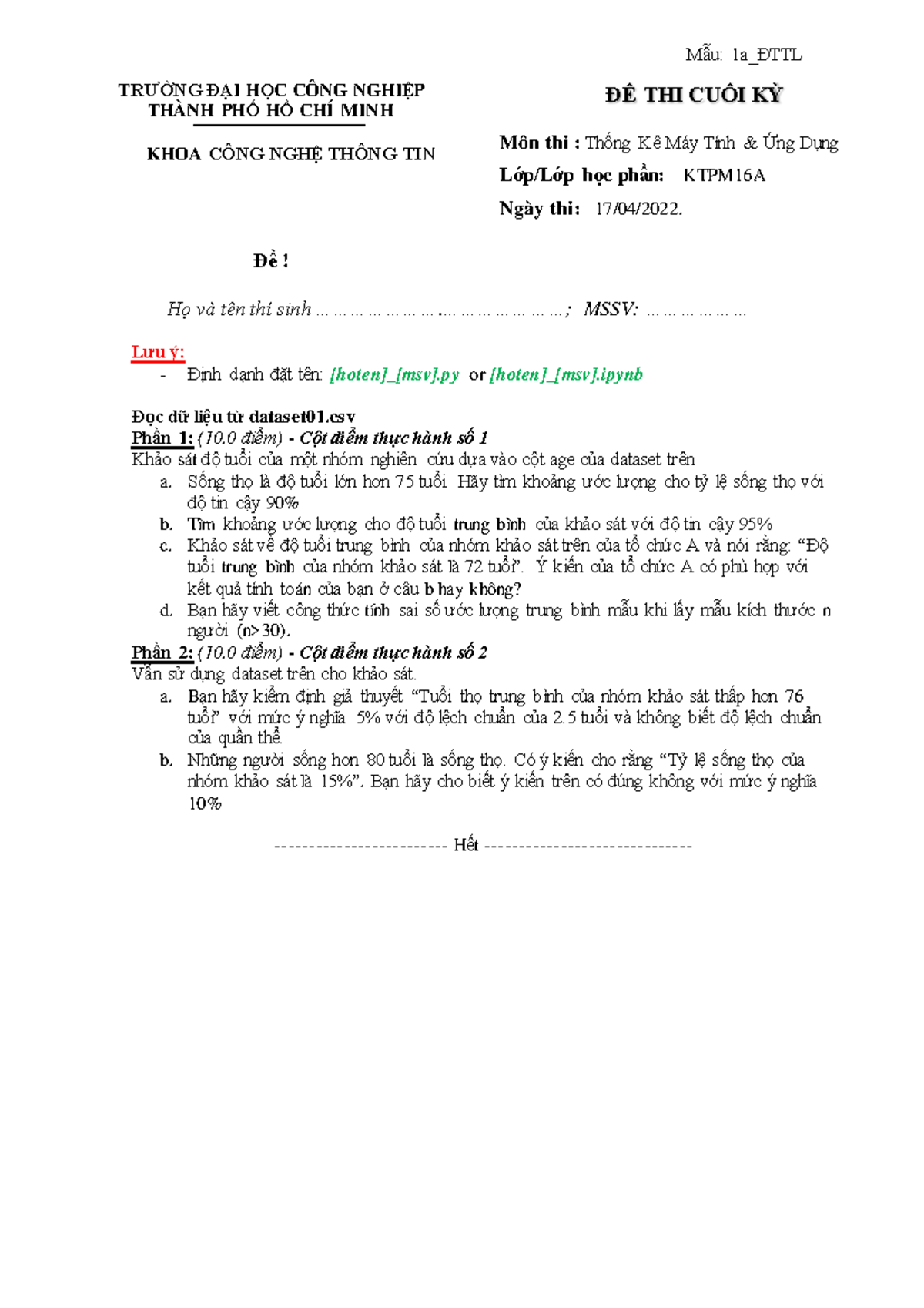 TKMT TH de-2 - lllll - Mẫu: 1a_ĐTTL TRƯỜNG ĐẠI HỌC CÔNG NGHIỆP THÀNH ...