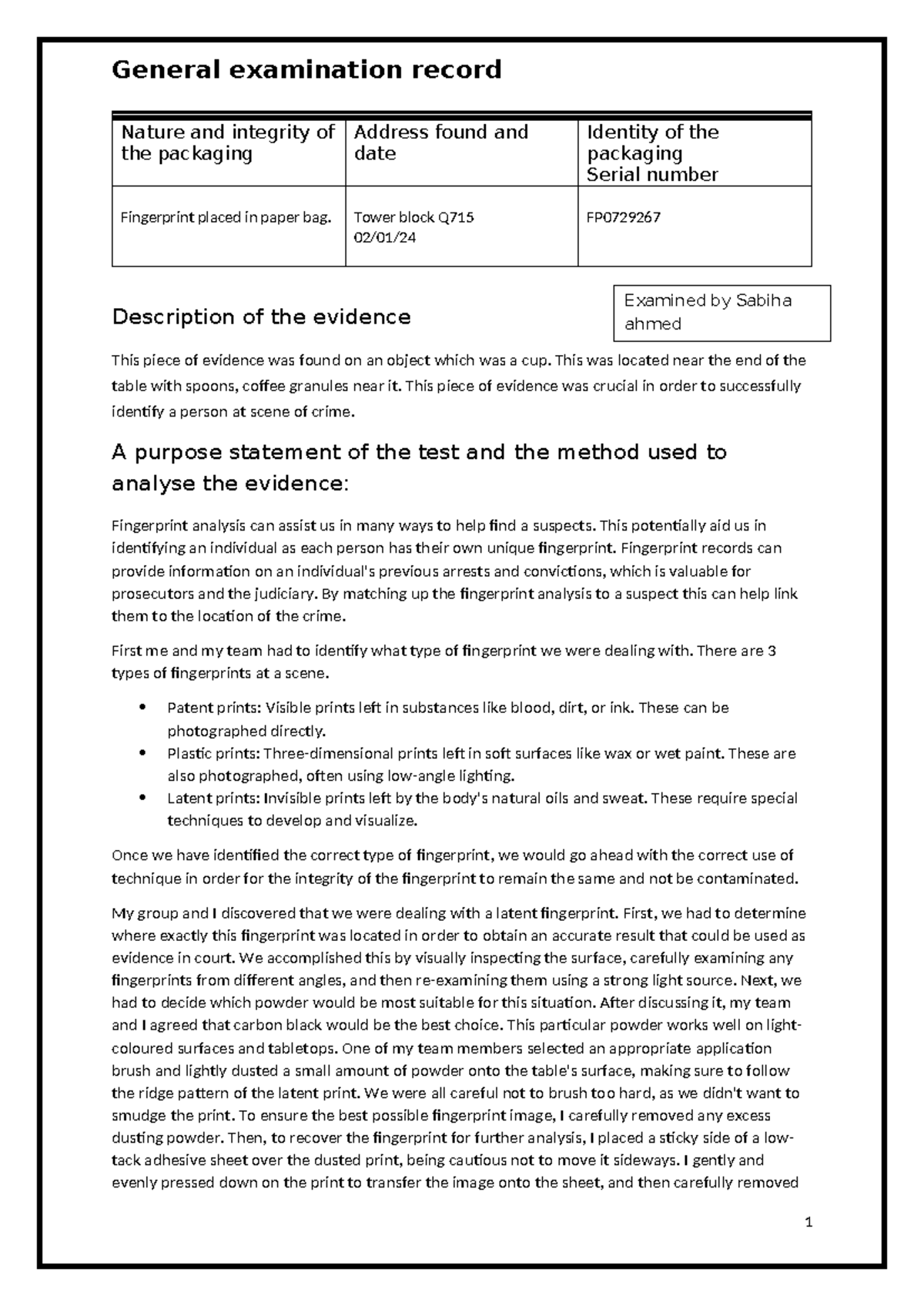Forensic Examination record 4.2 - Nature and integrity of the packaging ...