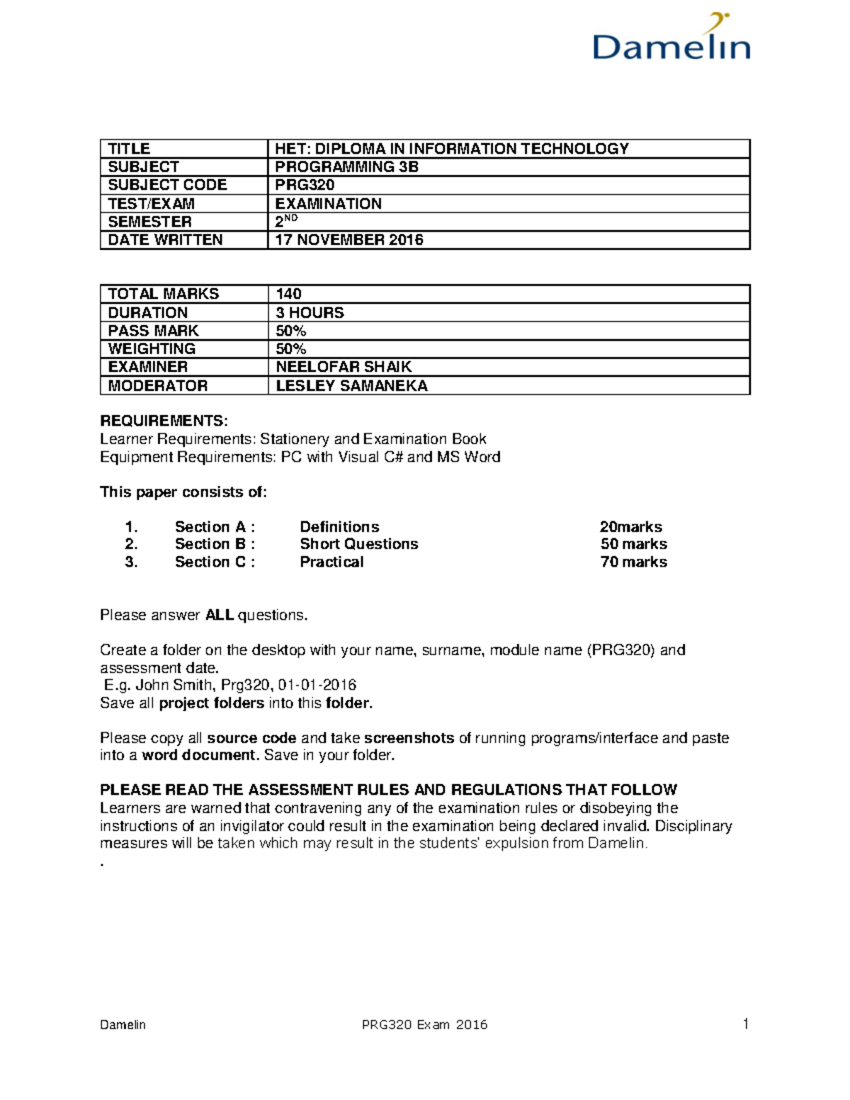 Programming 3B - All year 3 test and exams with memo - TITLE HET ...