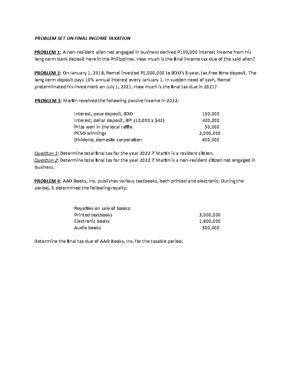 Problem SET ON Final Income Taxation - PROBLEM SET ON FINAL INCOME ...