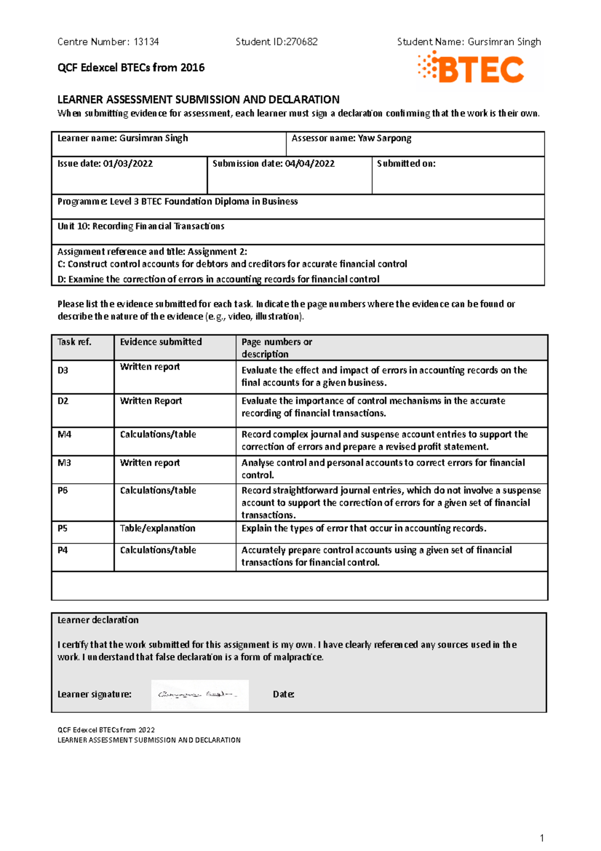 Learner Declaration Form- Assignment 2 - QCF Edexcel BTECs from 2016 LEARNER ASSESSMENT ...