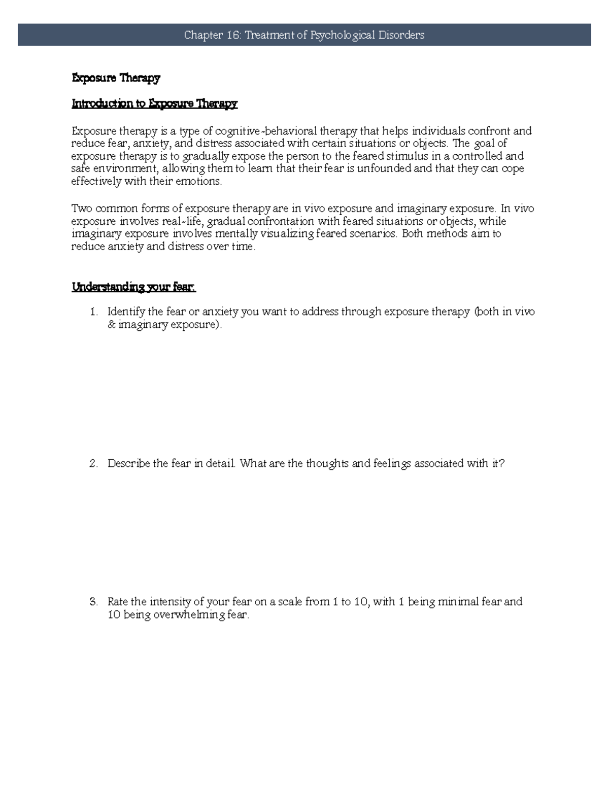 Worksheet - Chatper 16 - Exposure Therapy - Chapter 16: Treatment of ...