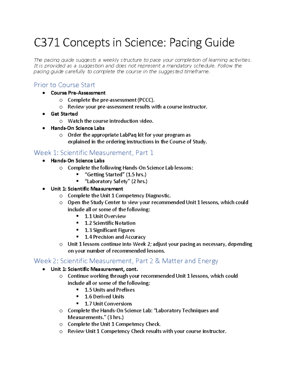 C731 pacing guide - C371 Concepts in Science: Pacing Guide The pacing ...