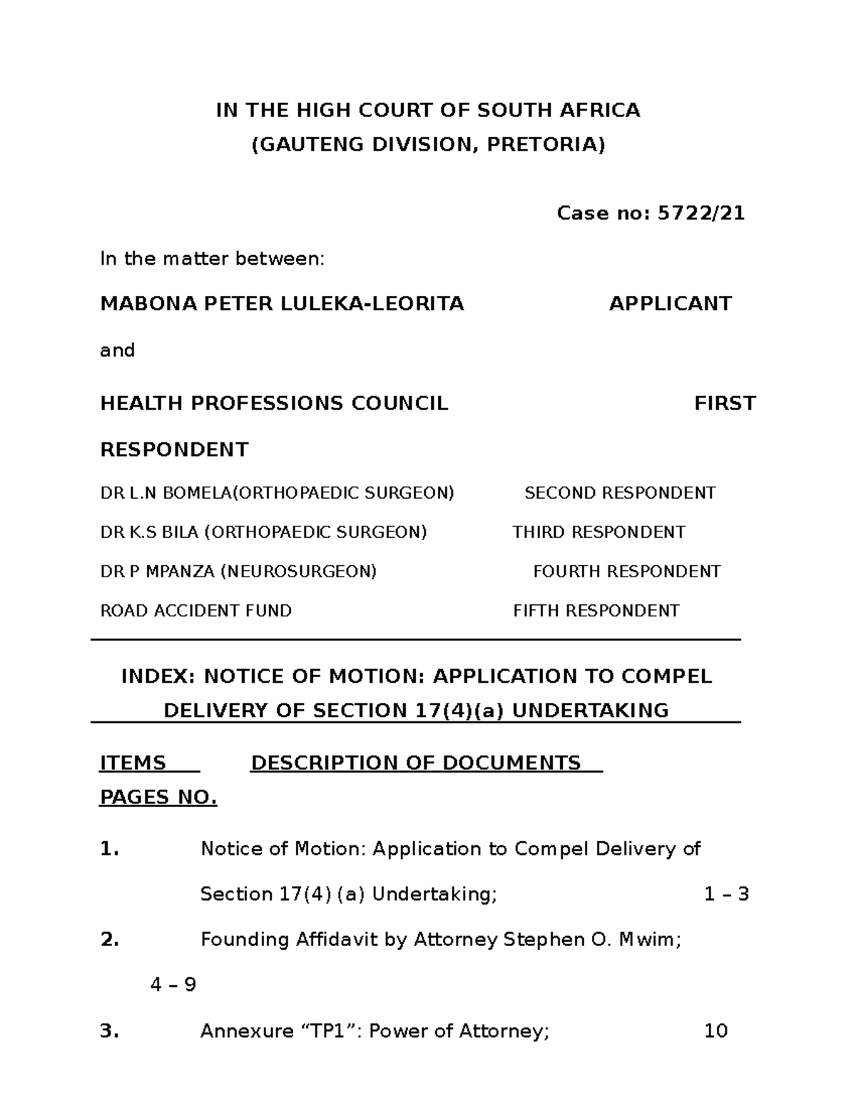 Index Application FOR Review Mabona - IN THE HIGH COURT OF SOUTH AFRICA ...