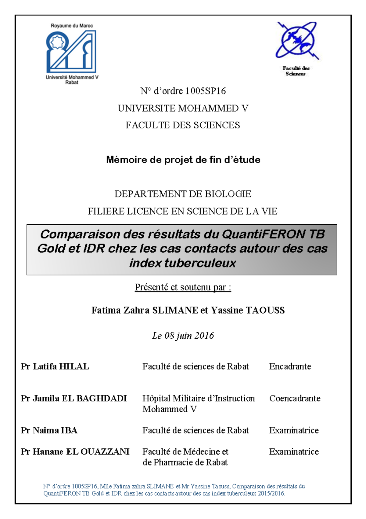 SDIC-PL0018 - PFE chimie - N° d’ordre 1005SP16, Mlle Fatima zahra ...