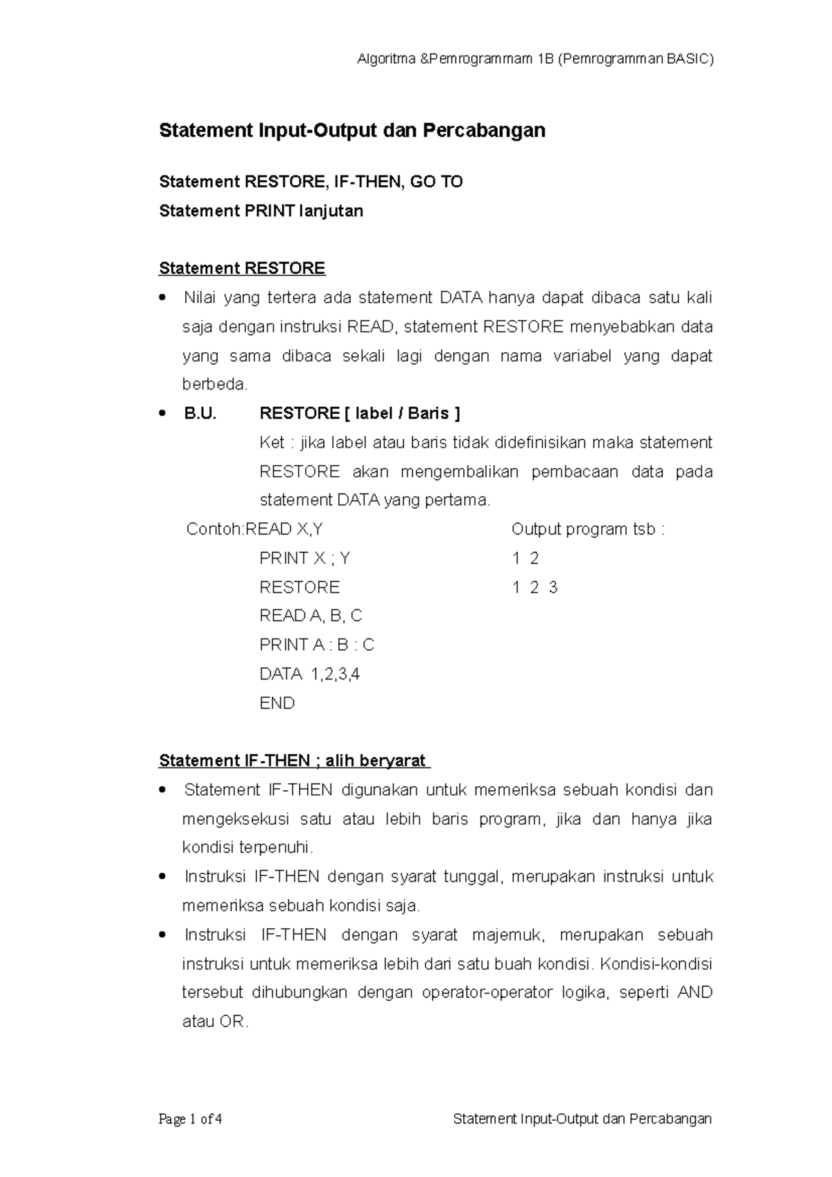 Percabangan basic - Statement Input-Output dan Percabangan Statement RESTORE, IF-THEN, GO TO ...