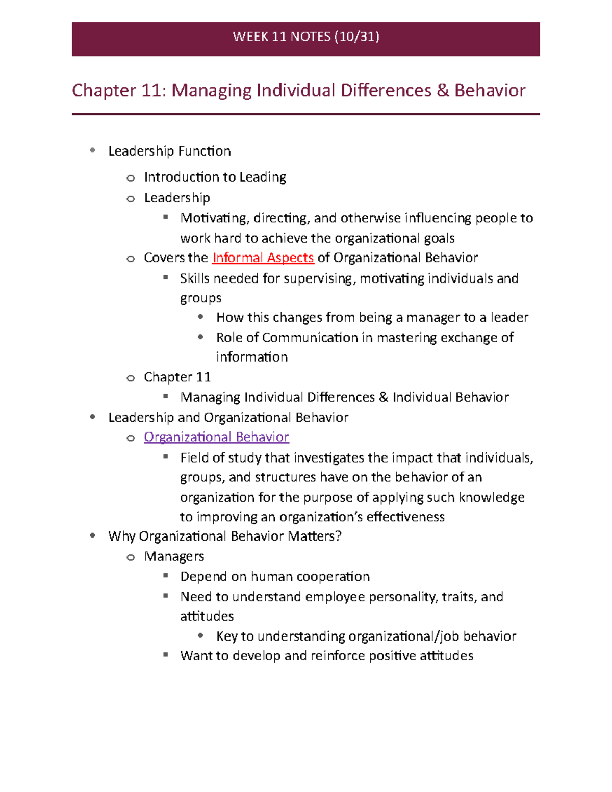 MAN3025- Week 11 Notes (Chapter 11) - WEEK 11 NOTES Chapter 11 ...