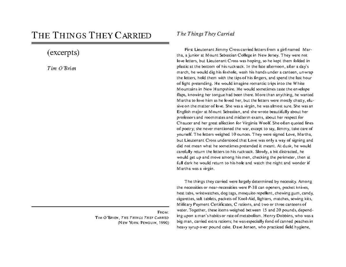 The Things They Carried - T HE T HINGS T HEY CARRIED (excerpts) Tim O ...