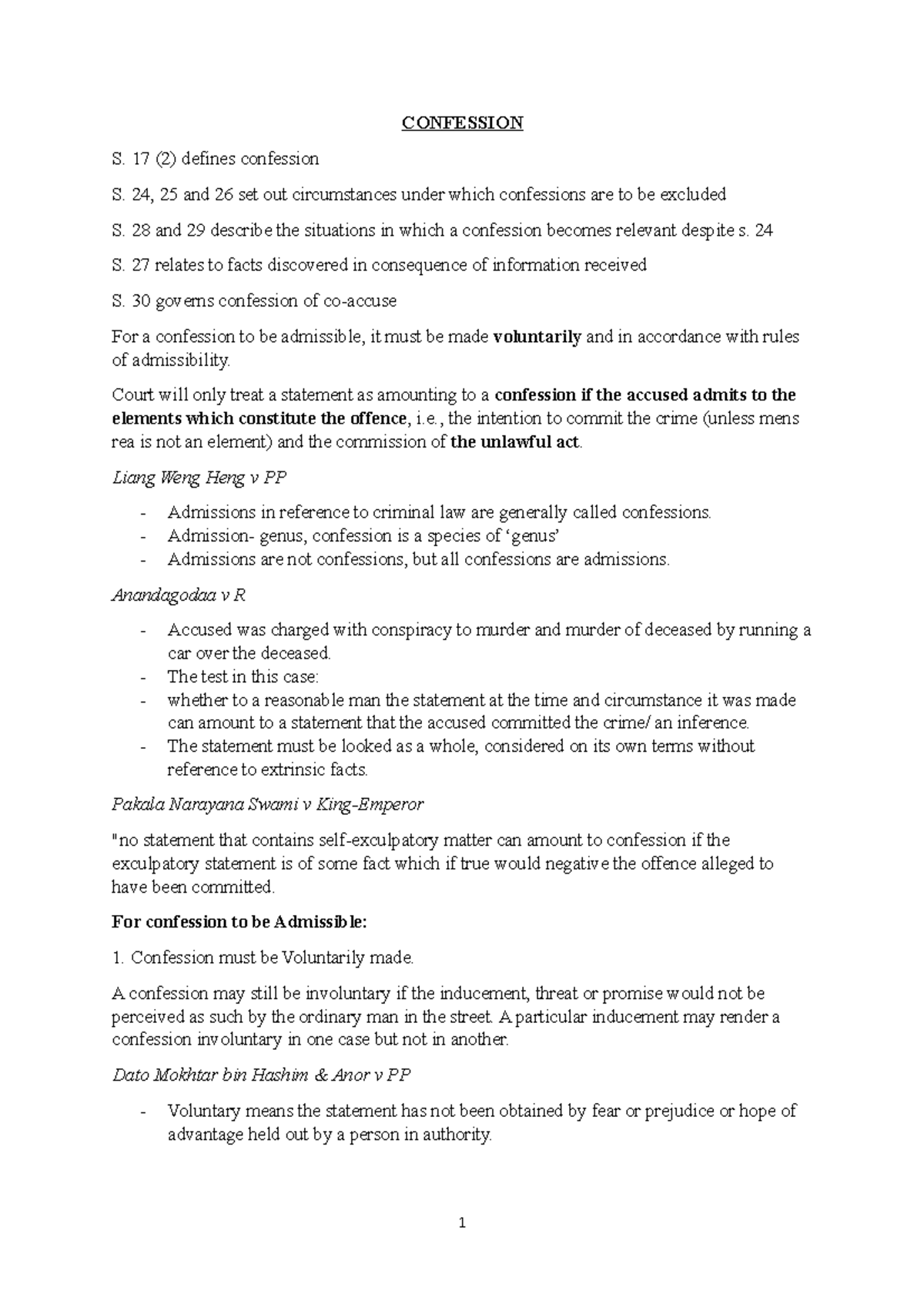 Confession in Evidence Law - CONFESSION S. 17 (2) defines confession S ...