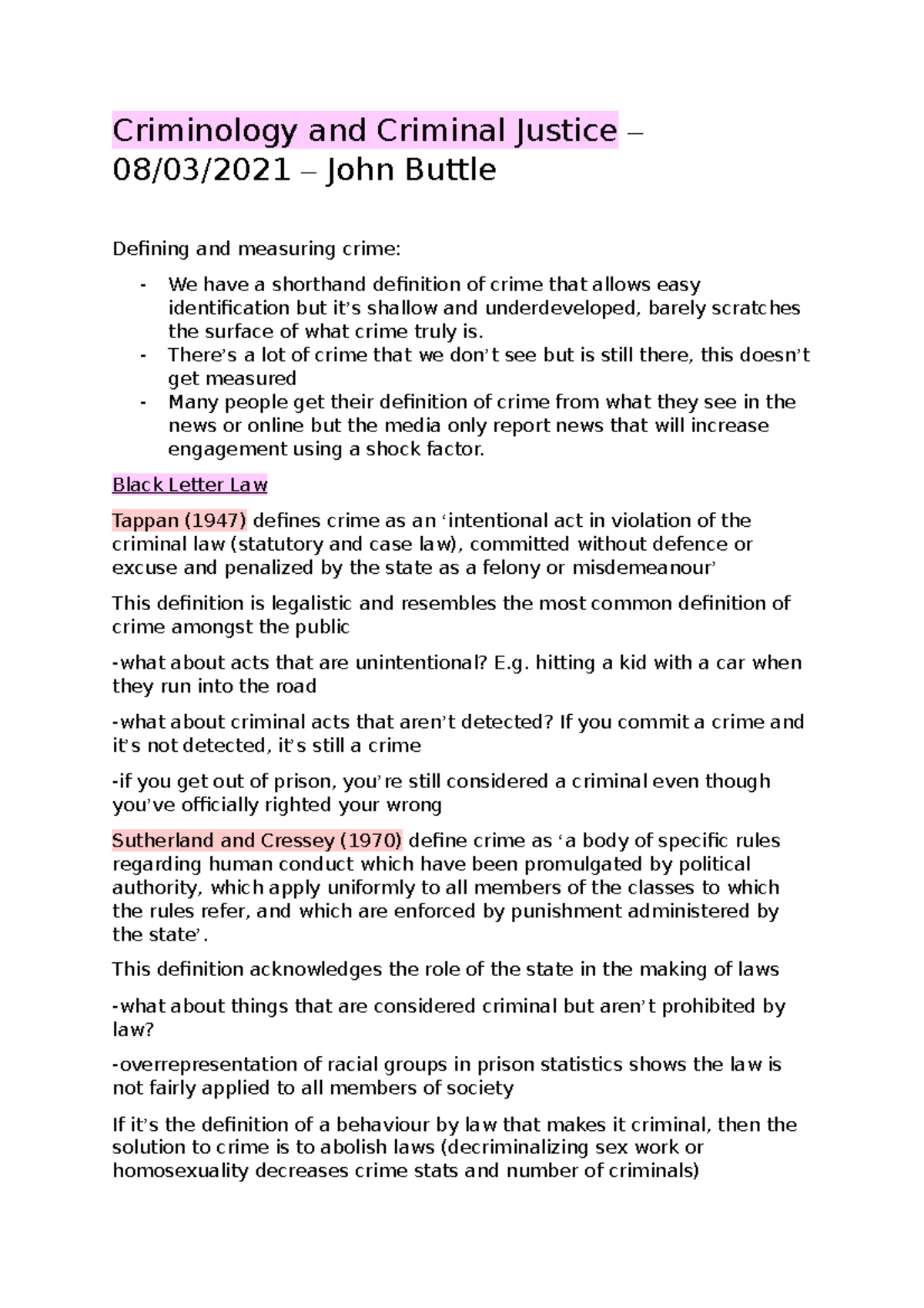 CCJ Lecture 2 08 - essay - Criminology and Criminal Justice – 08/03 ...