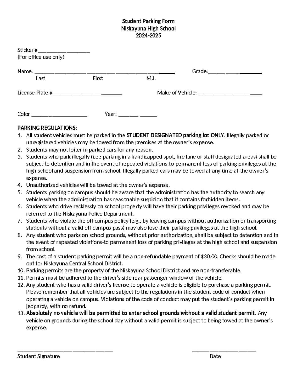 2024-25 Student Parking Form - Student Parking Form Niskayuna High ...