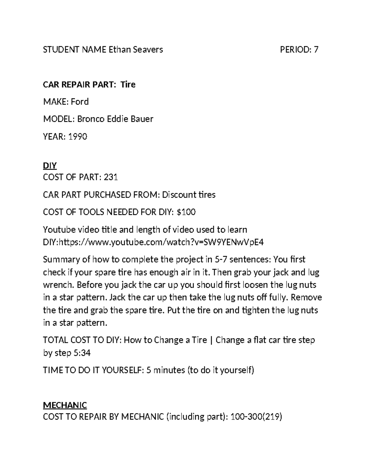 Ethan Seavers CAR Repair DIY OR Mechanic+(4) - STUDENT NAME Ethan ...