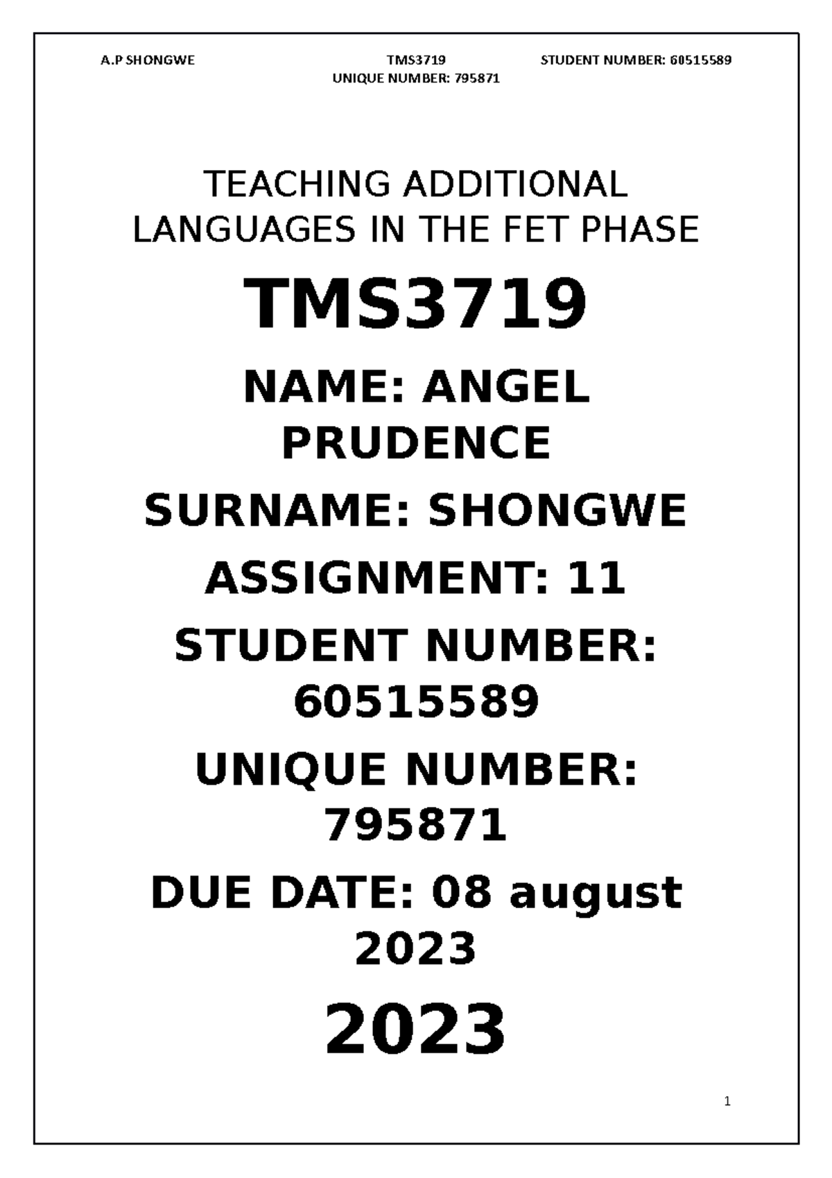 TMS3719 Assignment 11 Angel - UNIQUE NUMBER: 795871 TEACHING ADDITIONAL ...