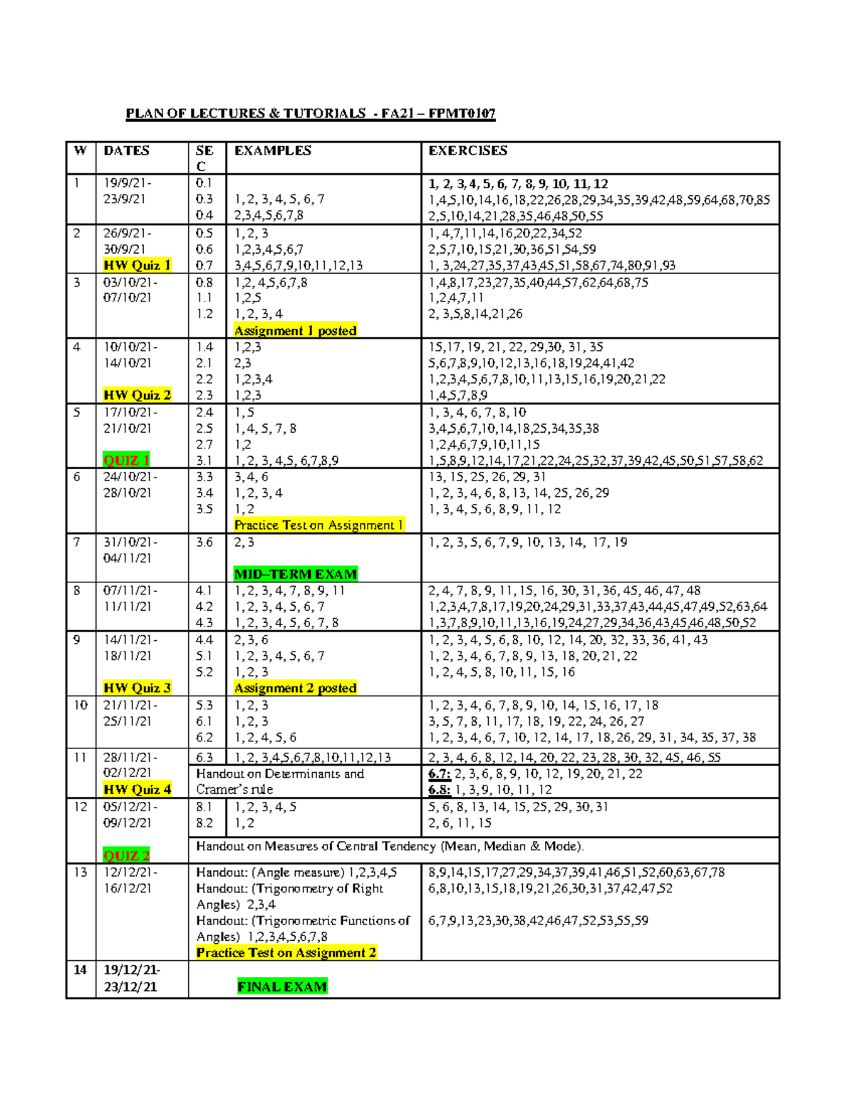 FA21-FPMT0107-PLAN OF Lectures - W DATES SE C EXAMPLES EXERCISES ...