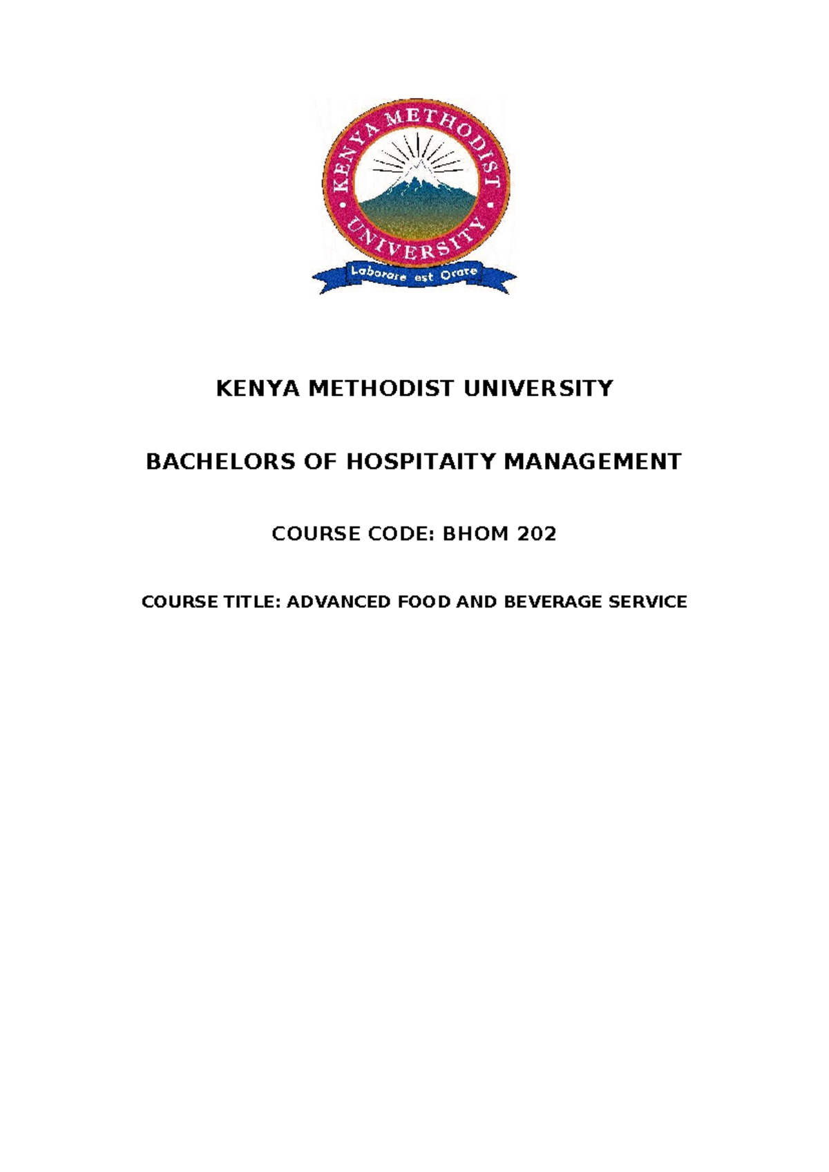 Course Outline - KENYA METHODIST UNIVERSITY BACHELORS OF HOSPITAITY ...
