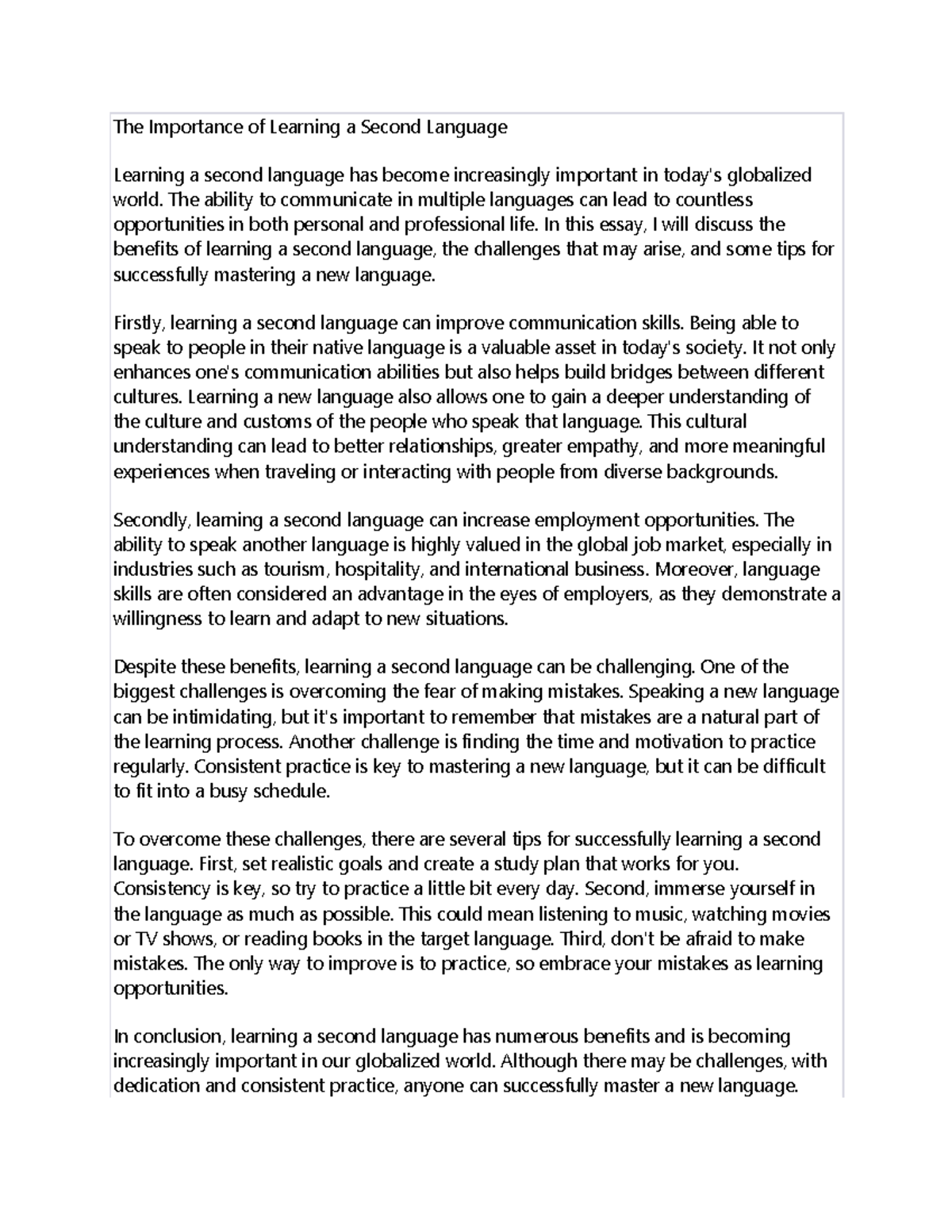 Doc2 - in class assignment/notes - The Importance of Learning a Second ...