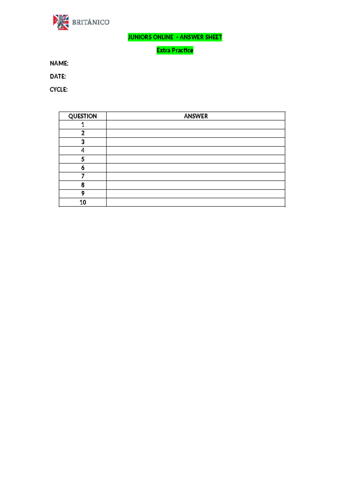 Answer Sheet - Extra Practice - Literatura - Saco Oliveros - JUNIORS ...