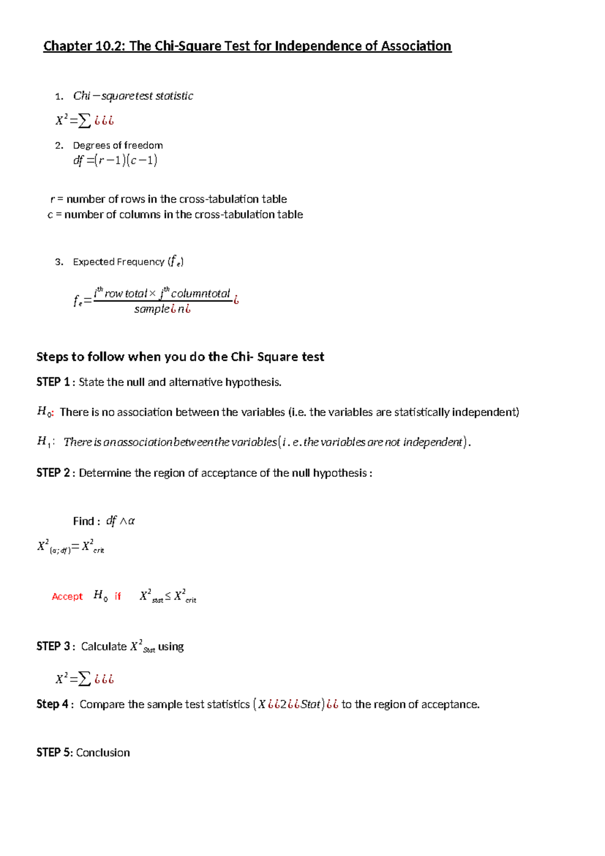 Chapter 10 summary notes - Chapter 10: The Chi-Square Test for ...