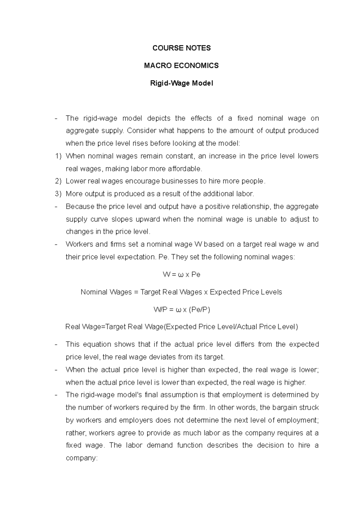 Course Notes Macroeconomics Rigid-Wage Model - COURSE NOTES MACRO ...