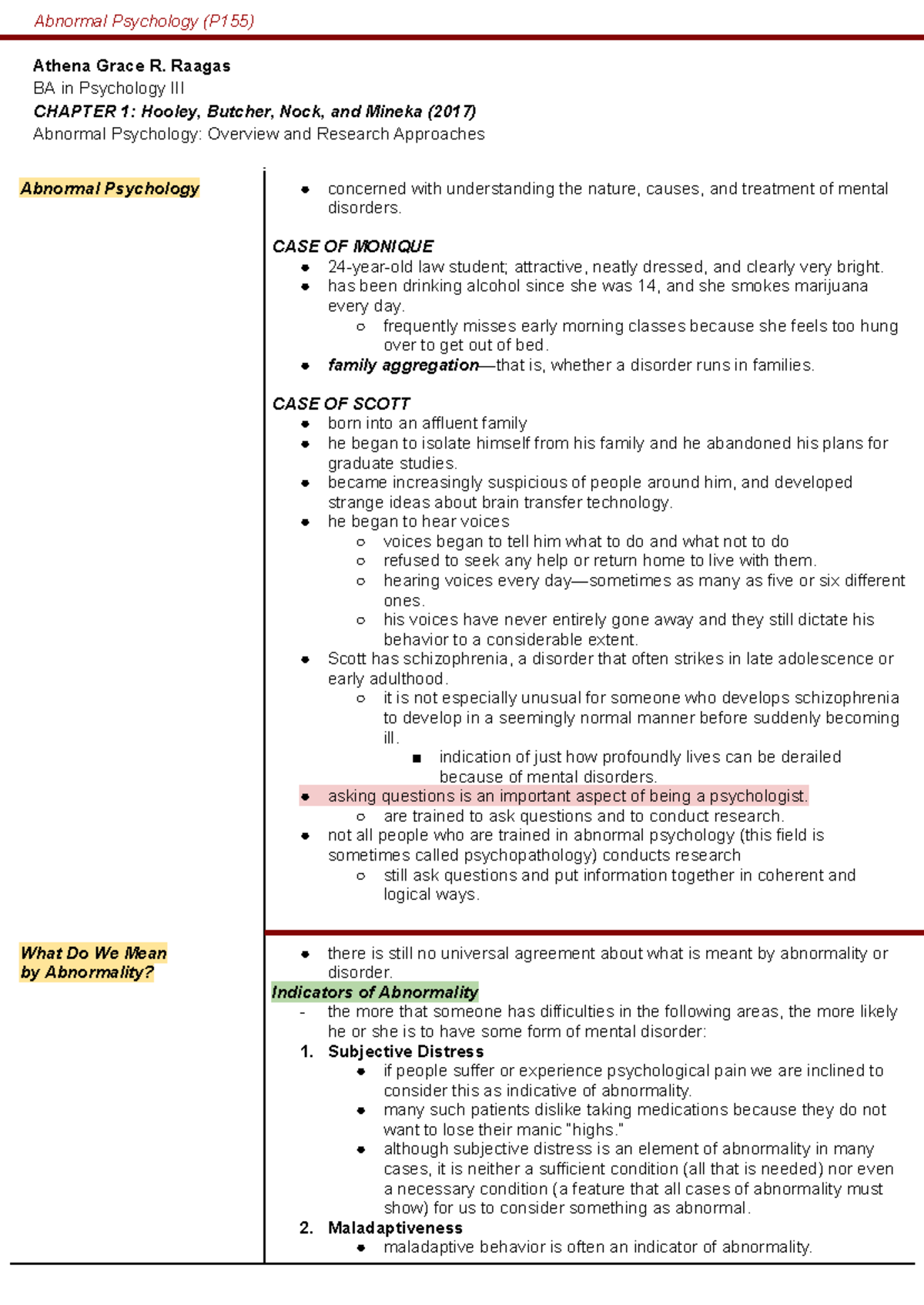 P155 Ch1 Notes - Summary Abnormal Psychology - Athena Grace R. Raagas ...