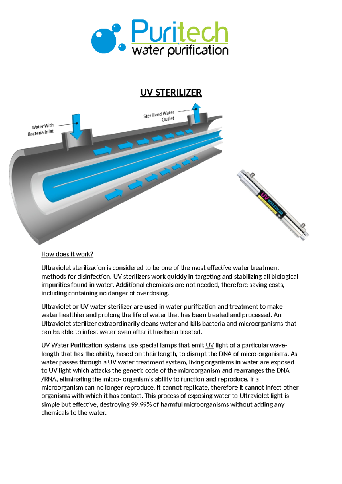 Assignment (Puritech) - UV STERILIZER How does it work? Ultraviolet ...