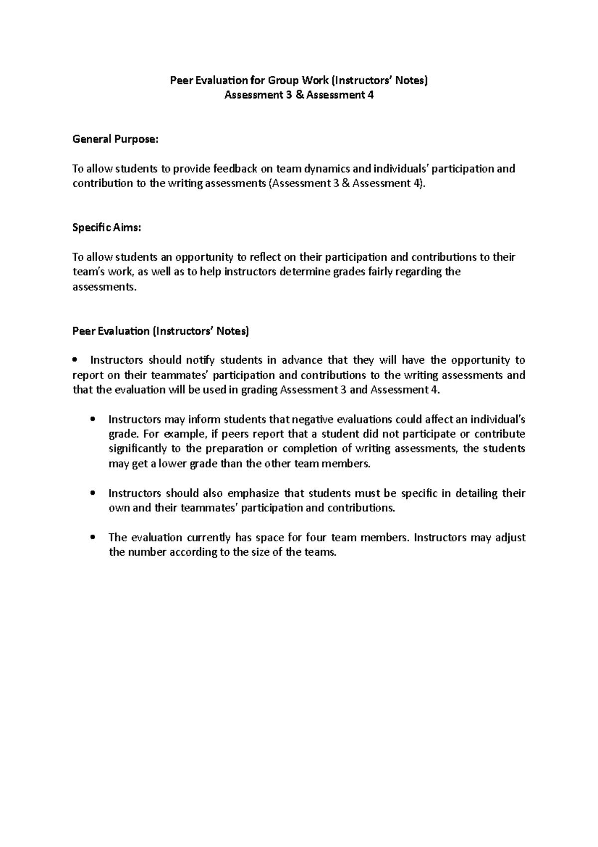 Instructors Notes Peer Evaluation for Group Work - Peer Evaluation for ...