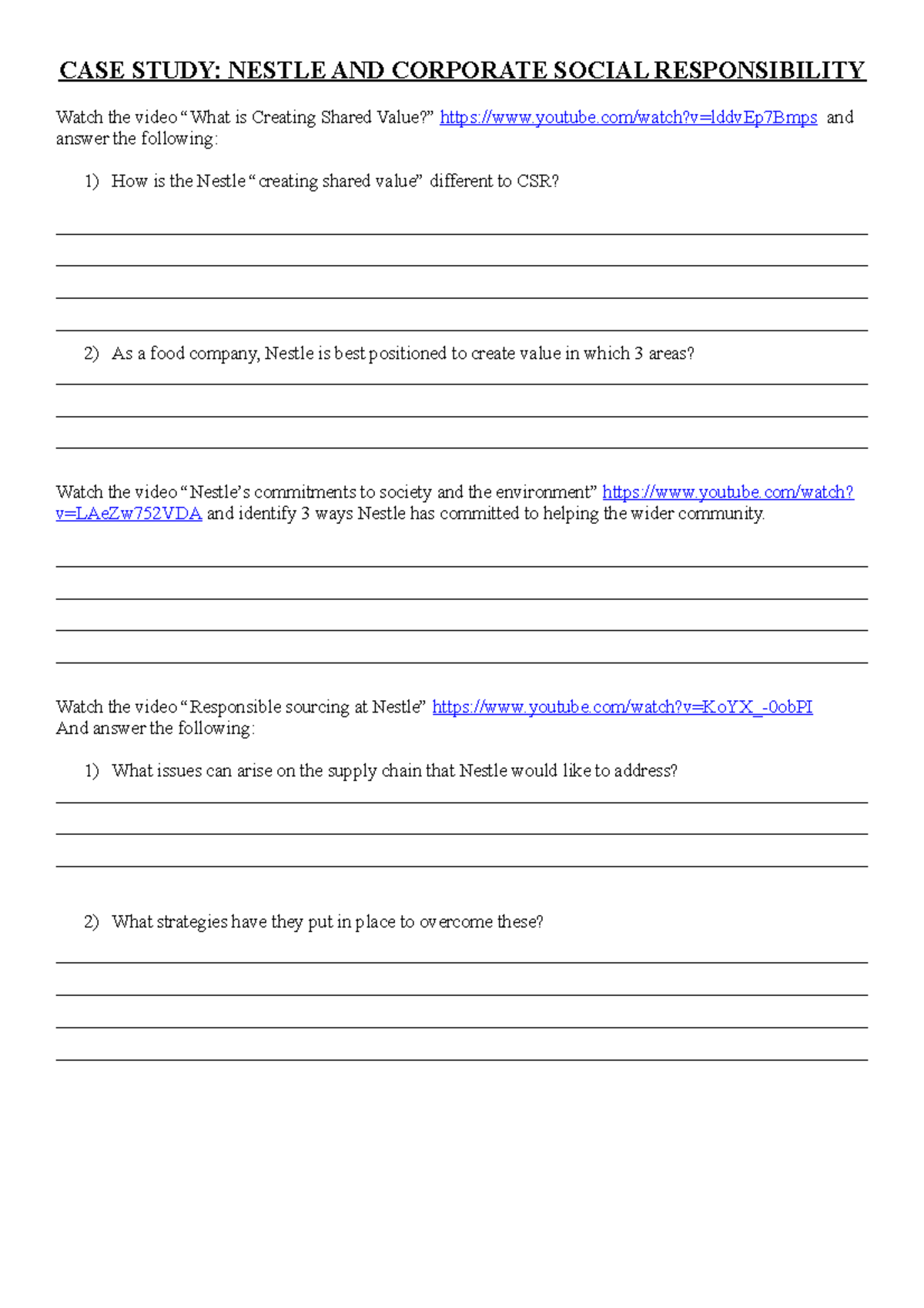 Nestle CSR Worksheet - CASE STUDY: NESTLE AND CORPORATE SOCIAL ...