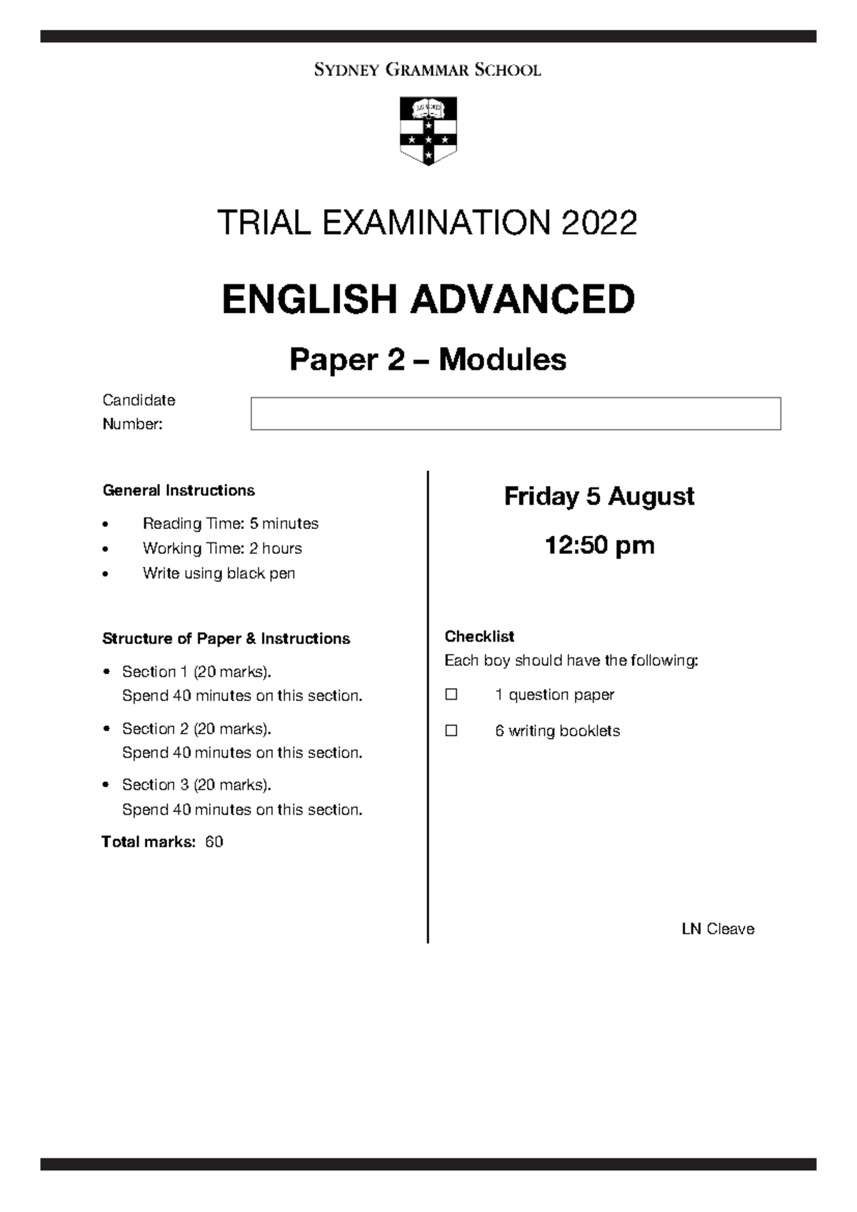 Sydney Grammar 2022 Adv Trial Paper 2 - TRIAL EXAMINATION 2022 ENGLISH ...