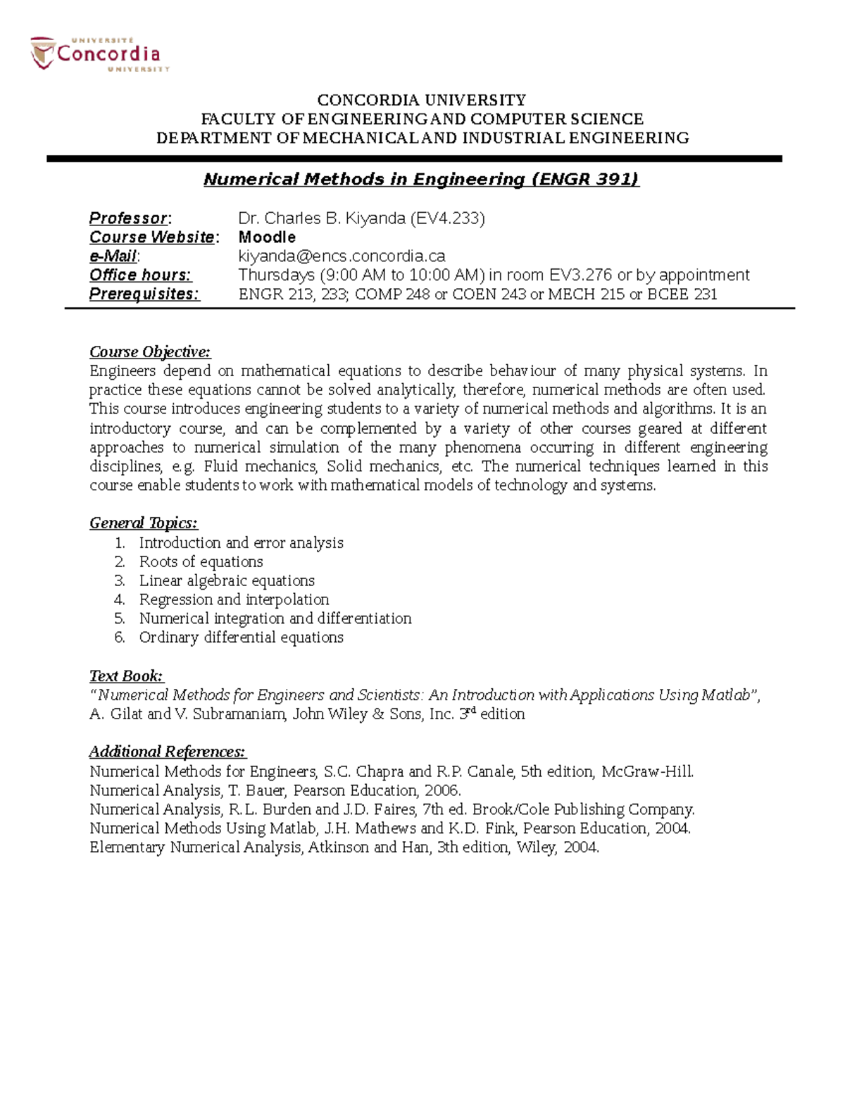 ENGR 391 Course Outline - CONCORDIA UNIVERSITY FACULTY OF ENGINEERING AND COMPUTER SCIENCE - Studocu