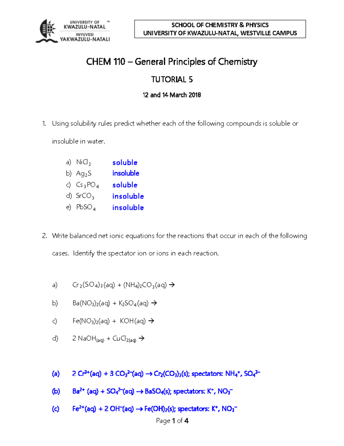 Tut 5 solutions - SCHOOL OF CHEMISTRY PHYSICS UNIVERSITY OF WESTVILLE ...