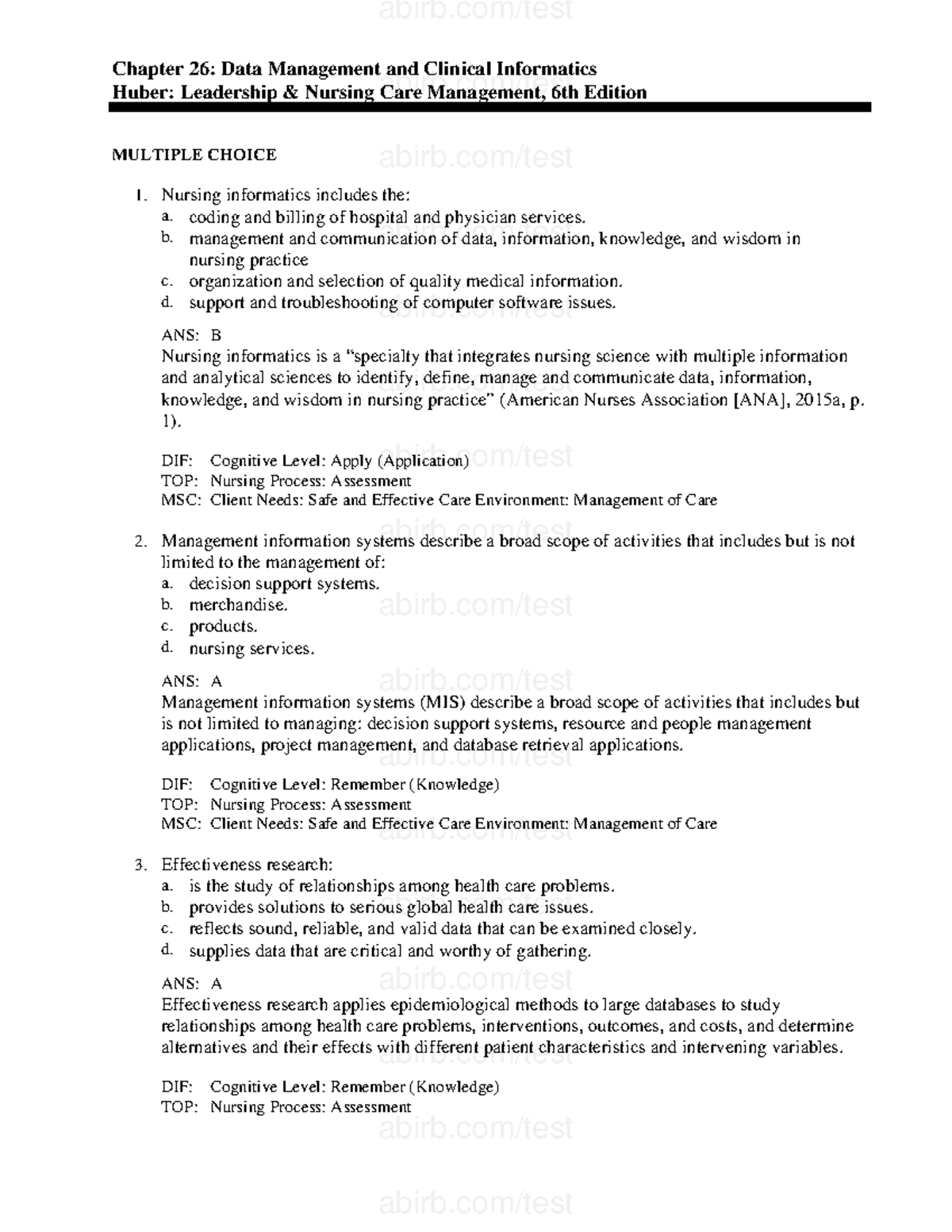 C26 - Practice - Chapter 26: Data Management and Clinical Informatics Huber: Leadership & - Studocu