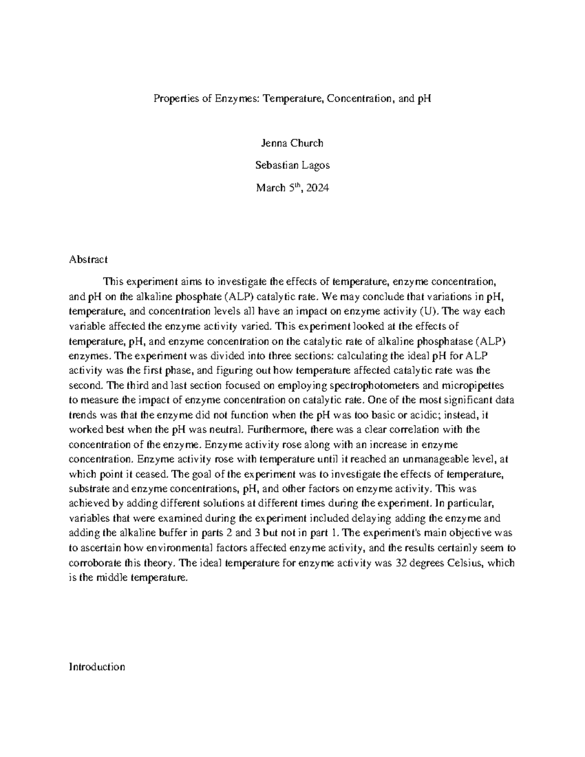 Lab Report 5 - Properties of Enzymes: Temperature, Concentration, and ...