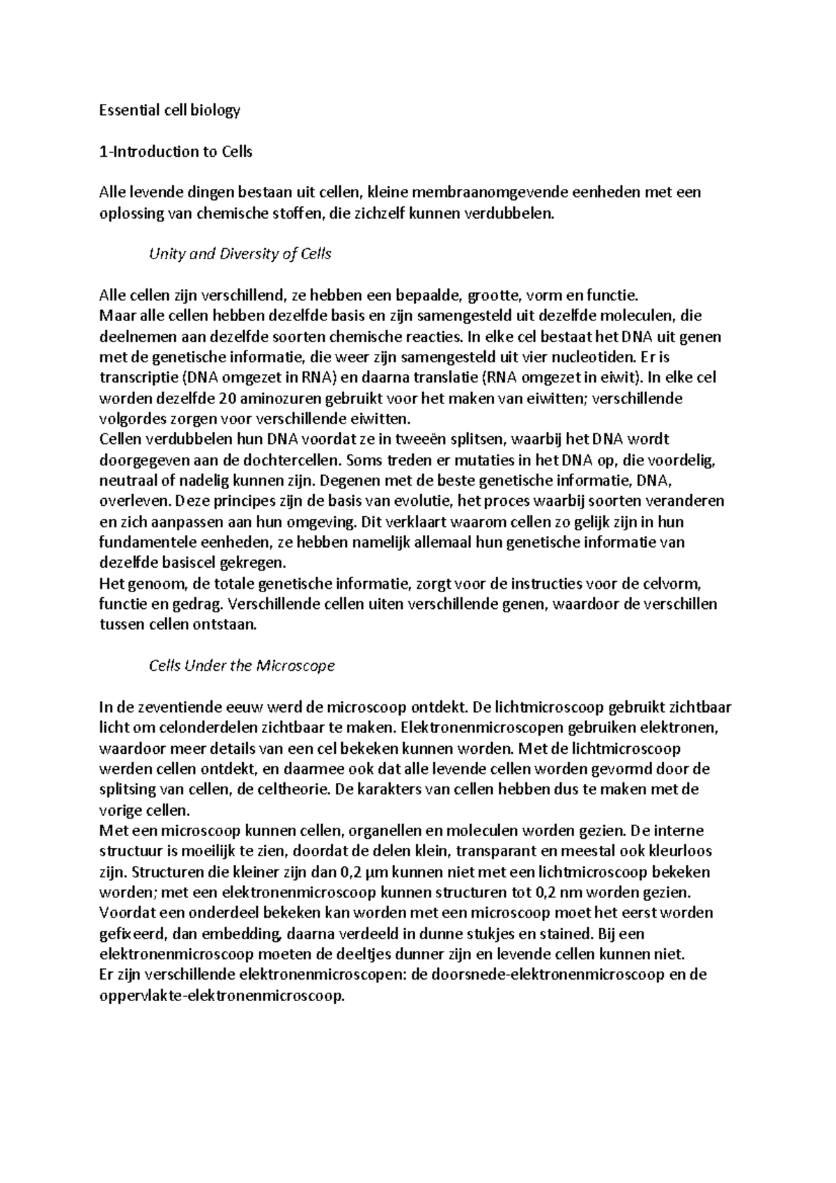 Samenvatting Celbiologie - Essential cell biology 1-Introduction to ...