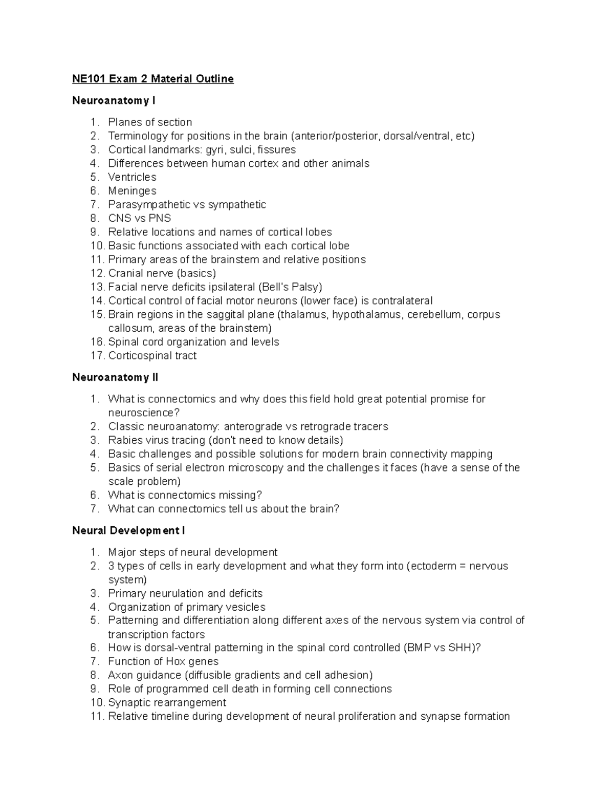 Exam2Study Guide Outline - NE101 Exam 2 Material Outline Neuroanatomy I ...